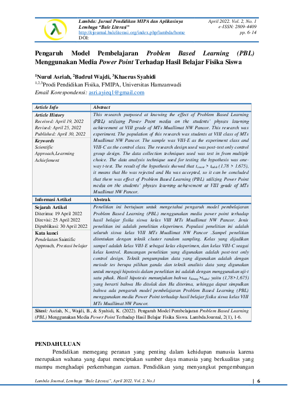 (PDF) Pengaruh Model Pembelajaran Problem Based Learning (PBL) Menggunakan Media Power Point ...