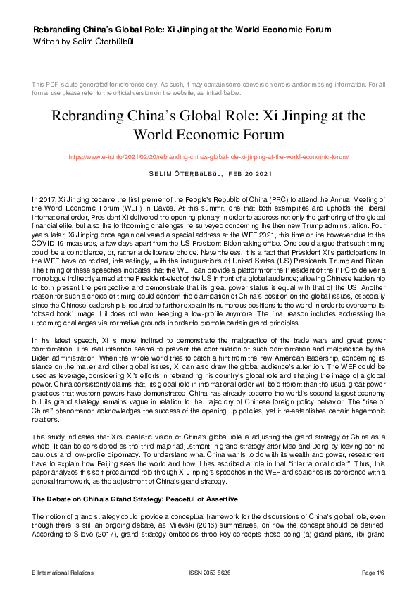(PDF) Rebranding China’s Global Role: Xi Jinping at the World Economic ...