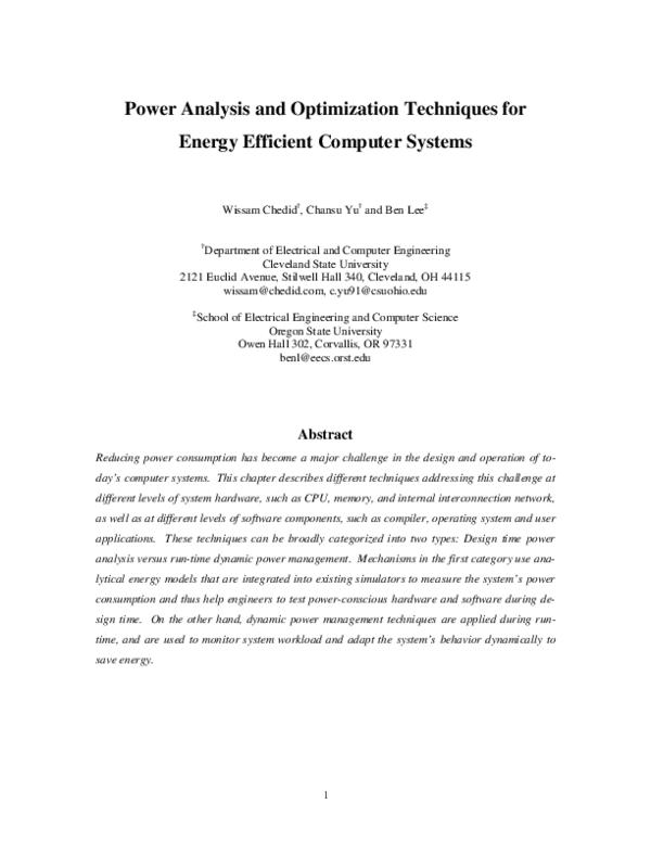 (PDF) Power Analysis and Optimization Techniques for Energy Efficient Computer Systems