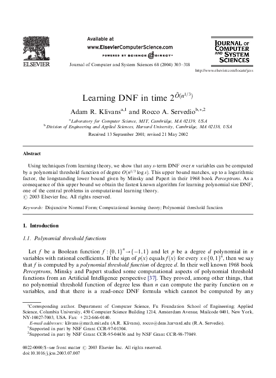 (PDF) Learning DNF in time 2Õ(n1/3) | Ryan O'Donnell - Academia.edu