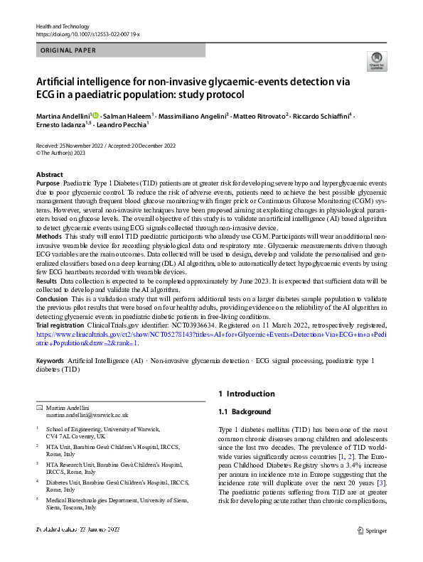(PDF) Artificial intelligence for non-invasive glycaemic-events detection via ECG in a ...