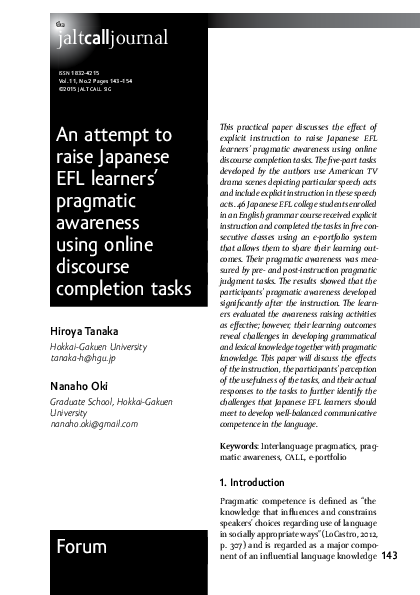 (PDF) An attempt to raise Japanese EFL learners’ pragmatic awareness using online discourse ...