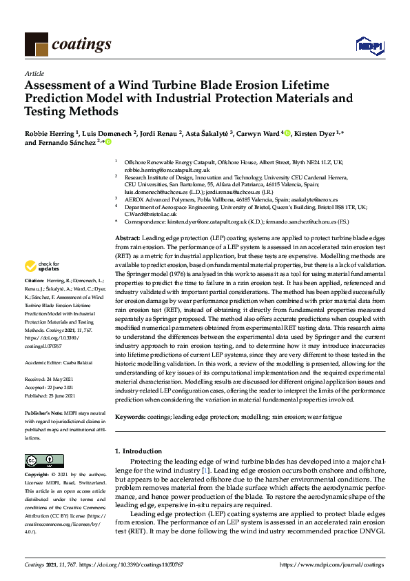 (PDF) Assessment of a Wind Turbine Blade Erosion Lifetime Prediction ...