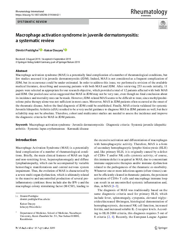 (PDF) Macrophage activation syndrome in juvenile dermatomyositis: a ...