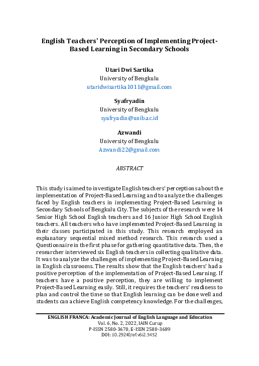 Pdf English Teachers Perception Of Implementing Project Based