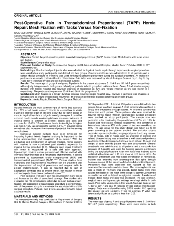 (PDF) Post-Op Pain: TAPP Hernia Repair Techniques