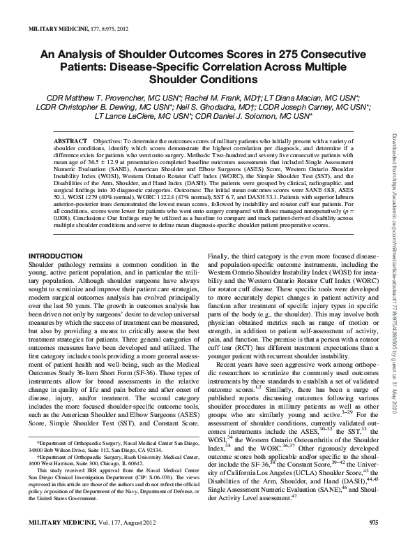(PDF) An Analysis of Shoulder Outcomes Scores in 275 Consecutive ...