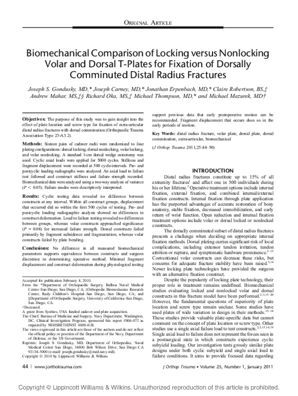 (PDF) Biomechanical Comparison of Locking versus Nonlocking Volar and ...