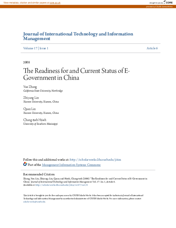 (PDF) The readiness for and current status of e-government in China