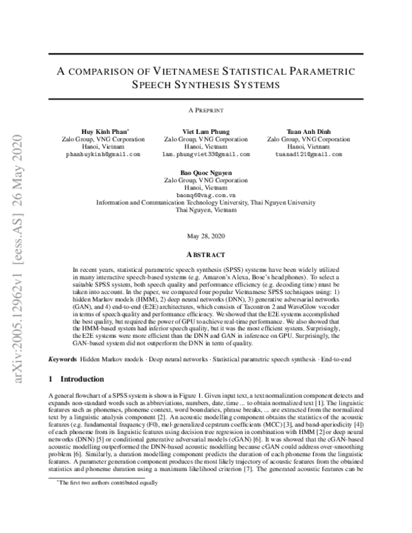 (PDF) A comparison of Vietnamese Statistical Parametric Speech Synthesis Systems