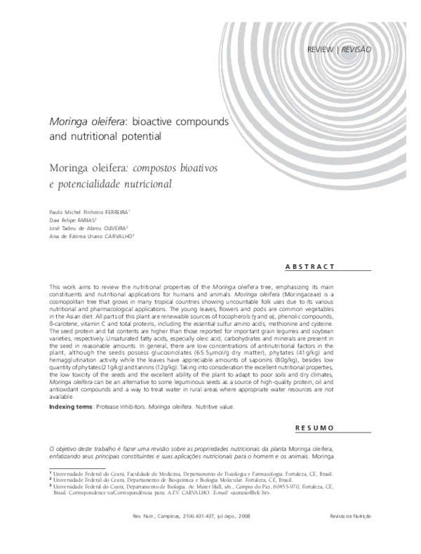(PDF) Moringa oleifera: bioactive compounds and nutritional potential
