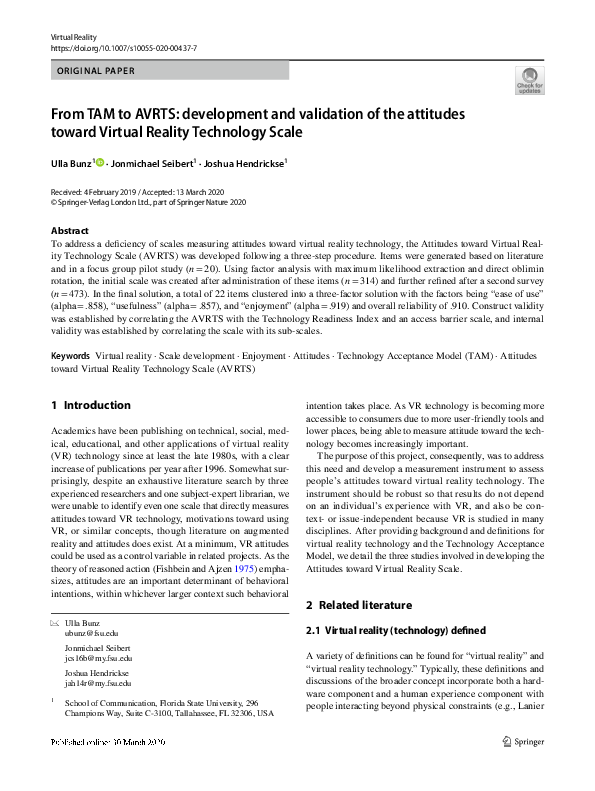 (PDF) From TAM to AVRTS: development and validation of the attitudes toward Virtual Reality ...