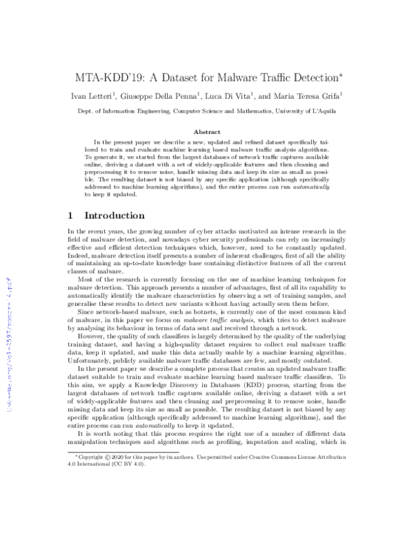 (PDF) MTA-KDD'19: A Dataset for Malware Traffic Detection