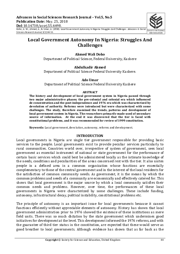 (PDF) Local Government Autonomy In Nigeria: Struggles And Challenges