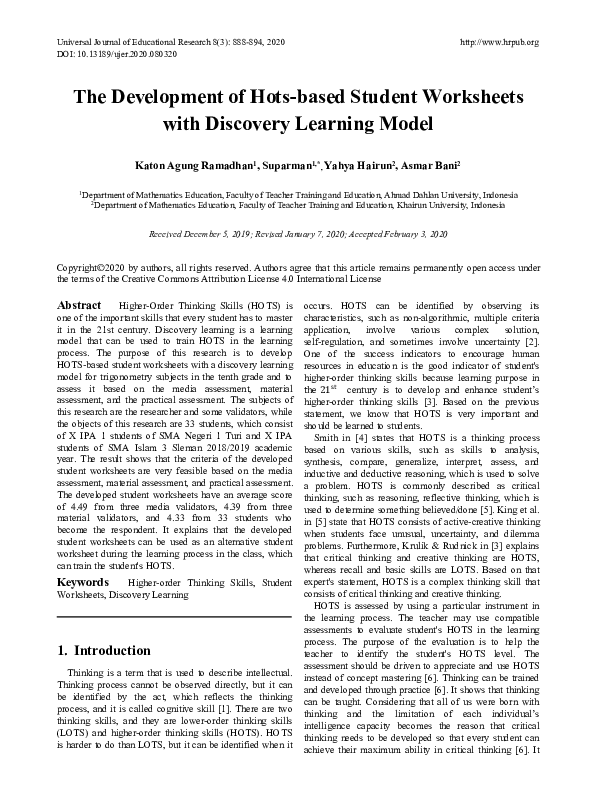 (PDF) The Development of Hots-based Student Worksheets with Discovery Learning Model
