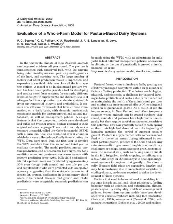 (PDF) Evaluation of a whole-farm model for pasture-based dairy systems