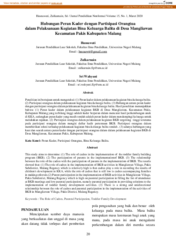 (PDF) Hubungan Peran Kader dengan Partisipasi Orangtua dalam Pelaksanaan Kegiatan Bina Keluarga ...