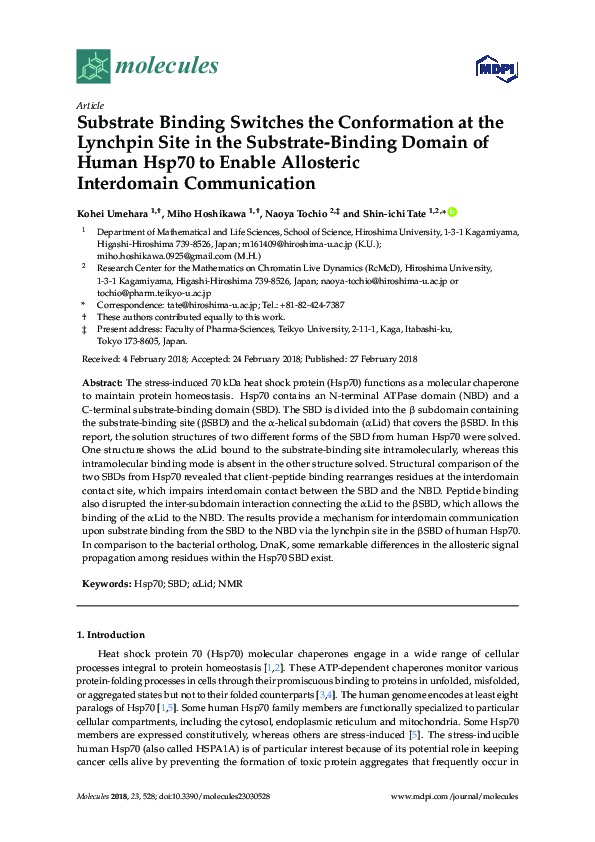 (PDF) Substrate Binding Switches the Conformation at the Lynchpin Site in the Substrate-Binding ...