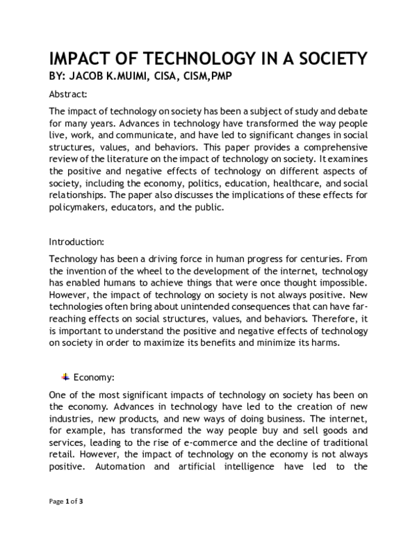(PDF) IMPACT OF TECHNOLOGY IN A SOCIETY