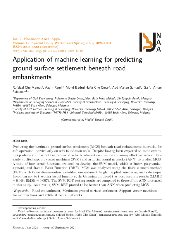 (PDF) Application of machine learning for predicting ground surface settlement beneath road ...
