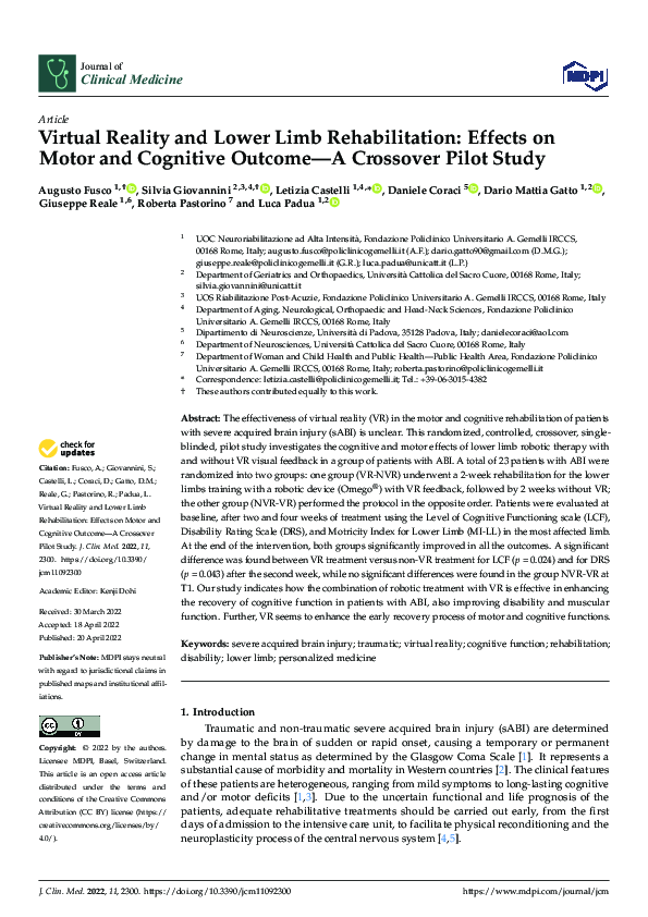 (PDF) Virtual Reality and Lower Limb Rehabilitation: Effects on Motor and Cognitive Outcome—A ...