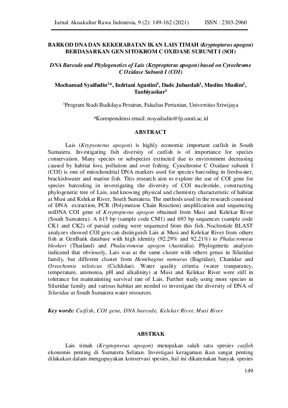 (PDF) BARKODE DNA DAN KEKERABATAN IKAN LAIS TIMAH (Kryptopterus apogon ...