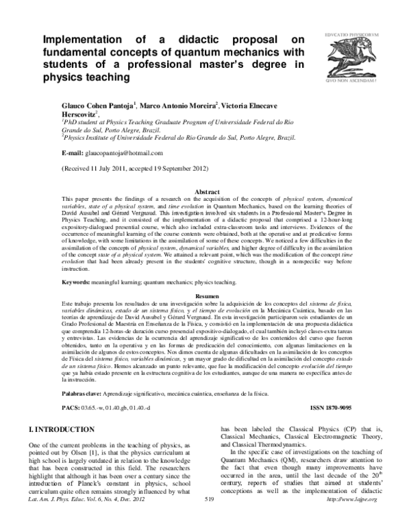 (PDF) Implementation of a didactic proposal on fundamental concepts of quantum mechanics with ...