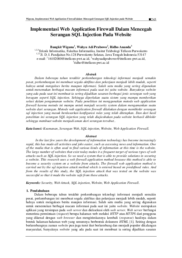 Pdf Implementasi Web Application Firewall Dalam Mencegah Serangan Sql Injection Pada Website