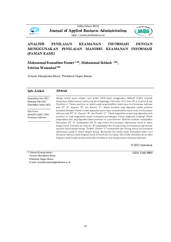 (PDF) Analisis Penilaian Keamanan Informasi Dengan Menggunakan Penilaian Mandiri Keamanan ...