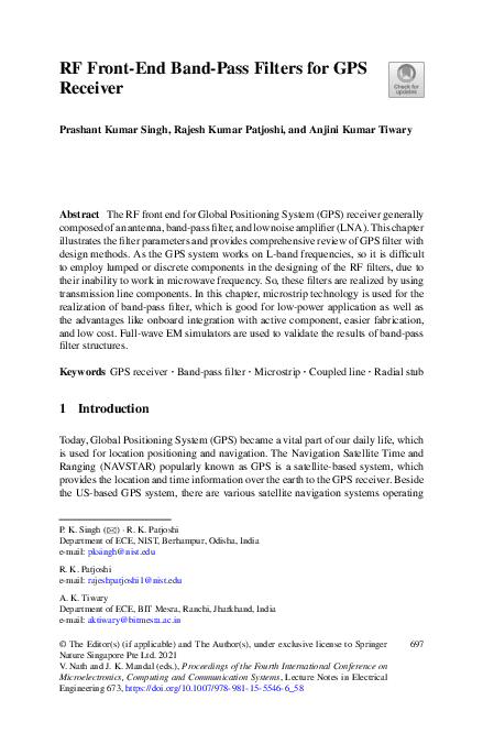 (PDF) RF Front-End Band-Pass Filters for GPS Receiver