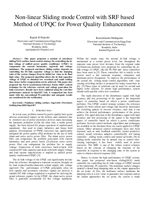 (PDF) Non-linear sliding mode control with SRF based method of UPQC for power quality enhancement