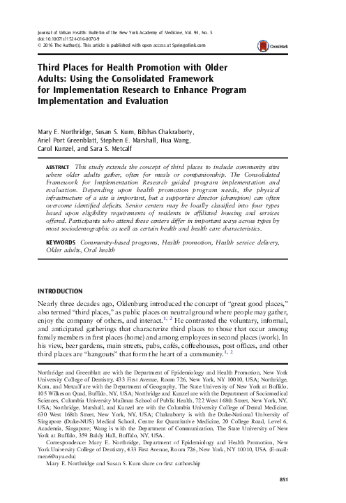 (PDF) Third Places for Health Promotion with Older Adults: Using the Consolidated Framework for ...