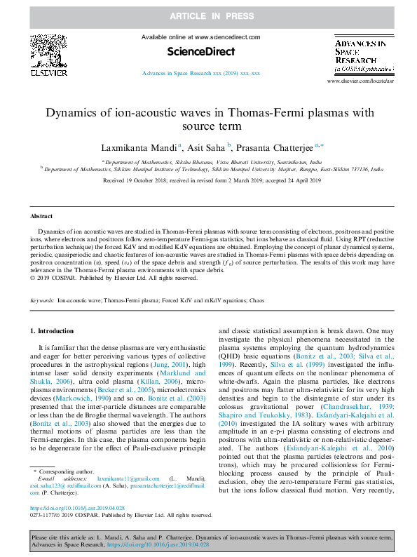 (PDF) Dynamics of ion-acoustic waves in Thomas-Fermi plasmas with source term | Prasanta ...