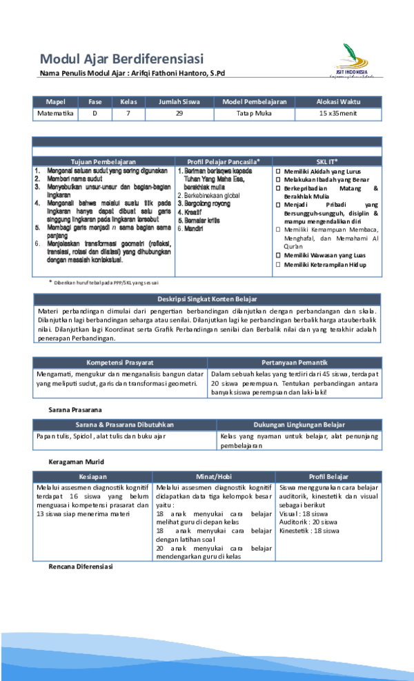 (DOC) Modul Ajar Berdiferensiasi Bangun Datar Kelas VII Kurikulum Merdeka