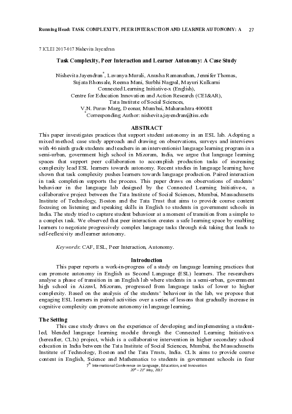 (PDF) Task Complexity, Peer Interaction and Learner Autonomy: A Case Study