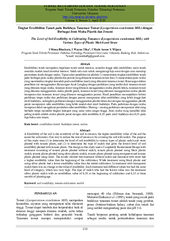 (PDF) Tingkat Erodibilitas Tanah pada Budidaya Tanaman Tomat ...