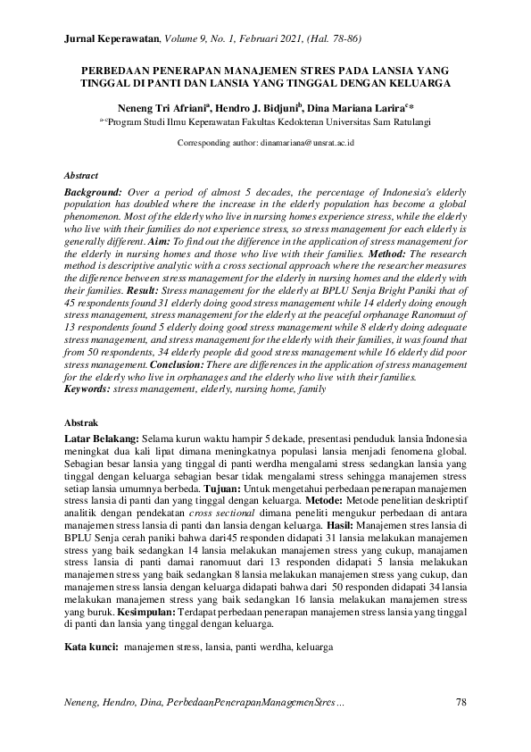 (PDF) Perbedaan Penerapan Manajemen Stres Pada Lansia Yang Tinggal DI Panti Dan Lansia Yang ...