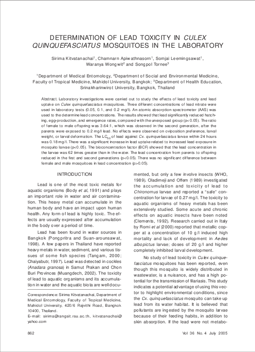 (PDF) Determination of lead toxicity in Culex quinquefasciatus ...