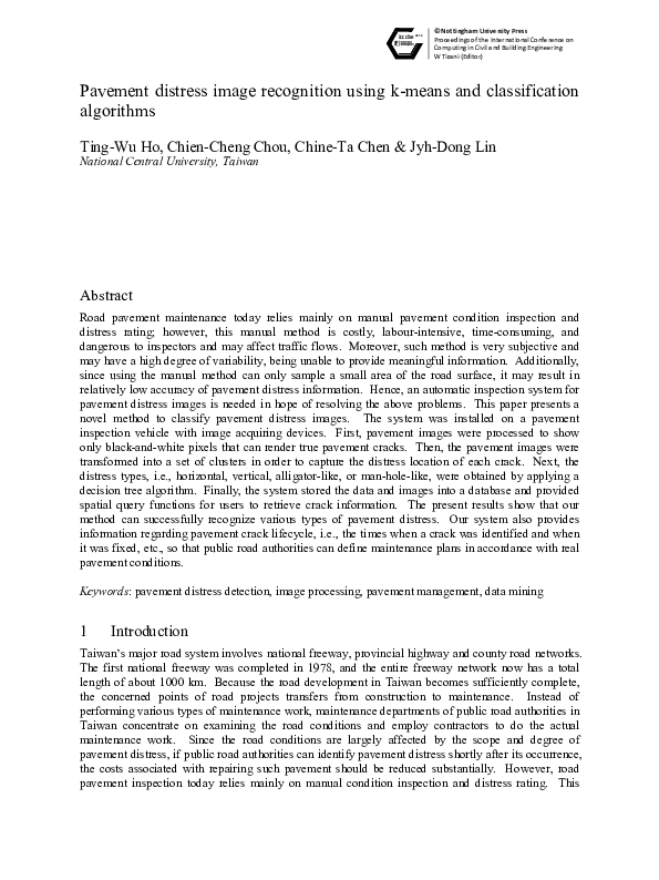 (PDF) Pavement Distress Image Recognition Using k-Means and Classification Algorithm