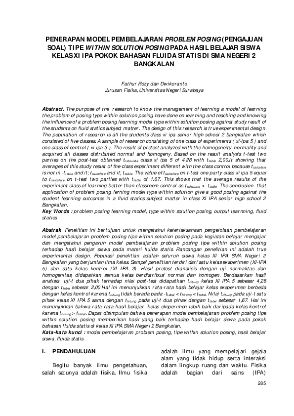(PDF) Penerapan Model Pembelajaran Problem Posing (Pengajuan Soal) Tipe Within Solution Posing ...