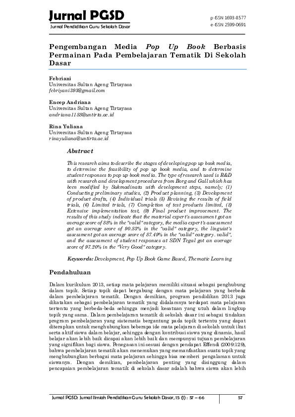 (PDF) Pengembangan Media Pop Up Book Berbasis Permainan Pada Pembelajaran Tematik Di Sekolah Dasar