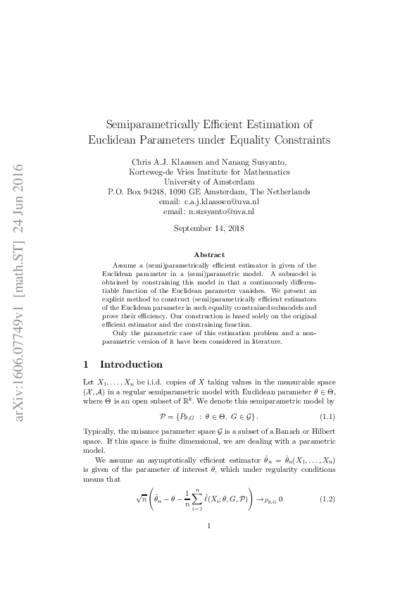 Pdf Semiparametrically Efficient Estimation Of Euclidean Parameters Under Equality Constraints