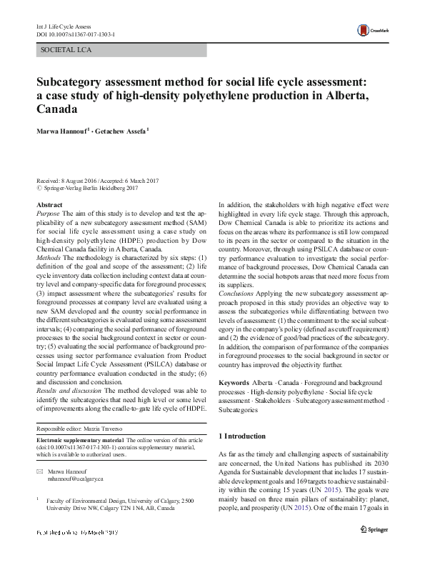 (PDF) Subcategory assessment method for social life cycle assessment ...