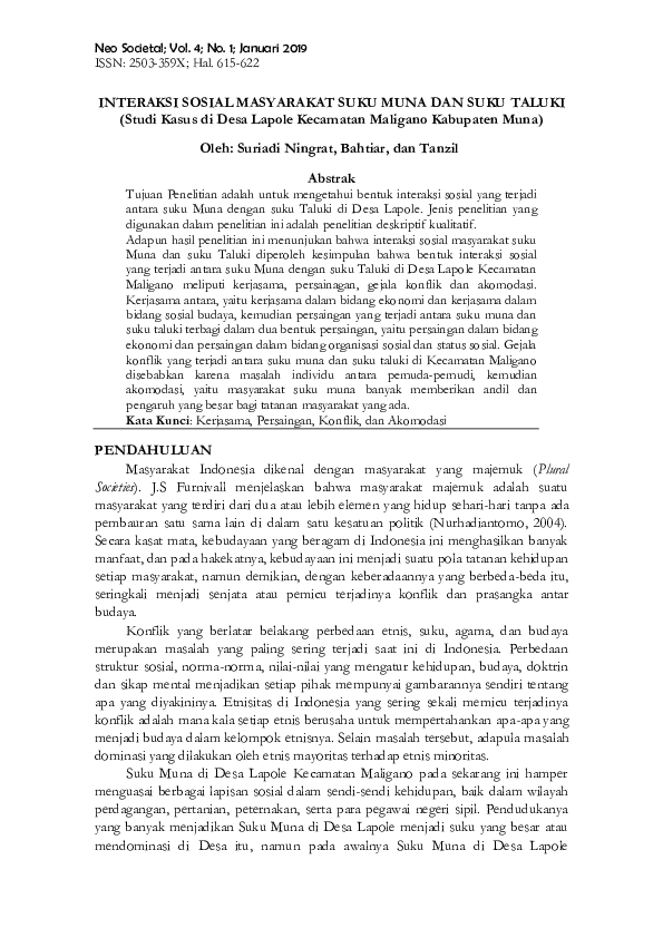 (PDF) INTERAKSI SOSIAL MASYARAKAT SUKU MUNA DAN SUKU TALUKI (Studi Kasus di Desa Lapole ...