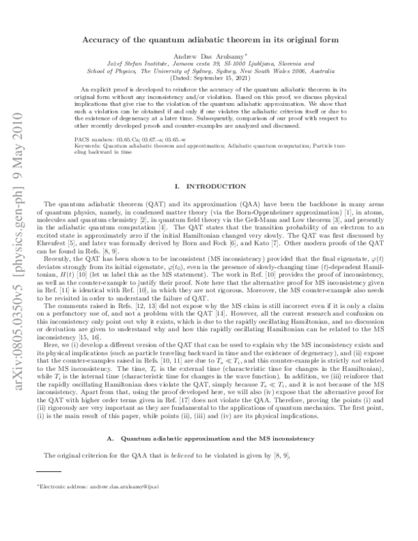 (PDF) Accuracy of the Quantum Adiabatic Theorem In Its Original Form