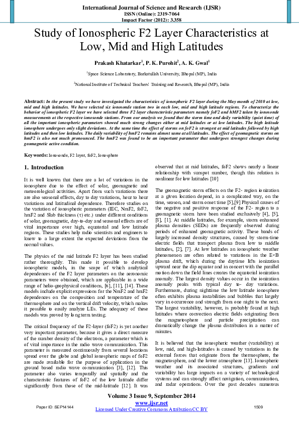(PDF) Study of Ionospheric F2 Layer Characteristics at Low, Mid and High Latitudes