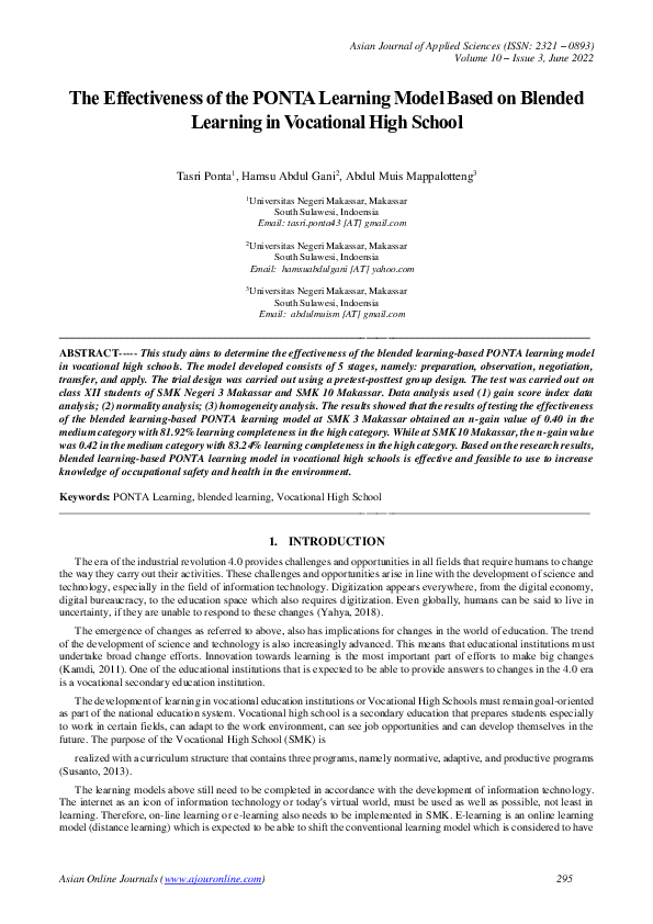 (PDF) The Effectiveness of the PONTA Learning Model Based on Blended ...