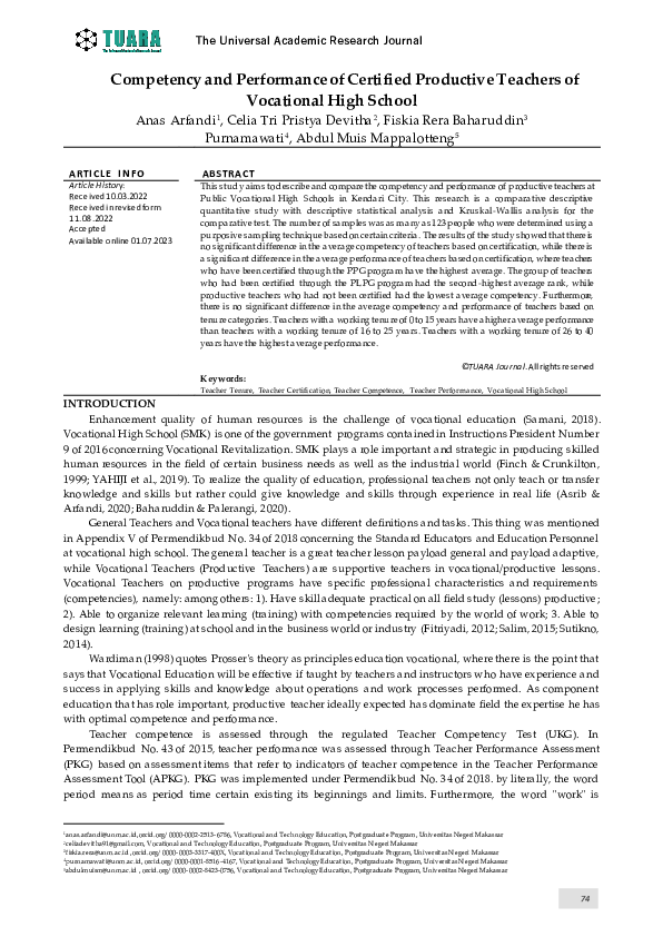 (PDF) Competency and Performance of Certified Productive Teachers of Vocational High School