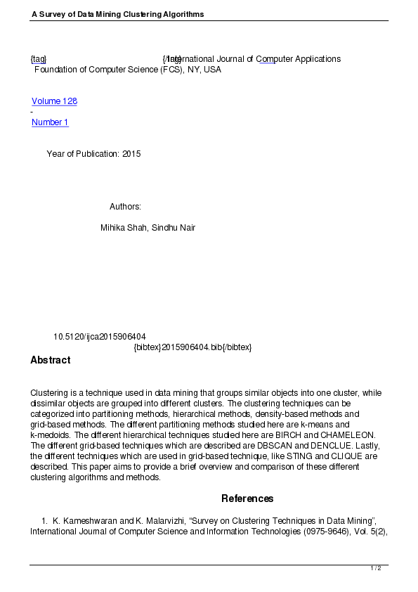 Pdf A Survey Of Data Mining Clustering Algorithms Sindhu Nair