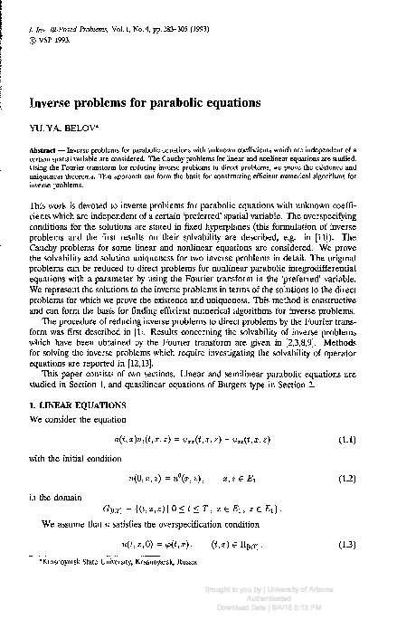 Pdf Inverse Problems For Parabolic Equations